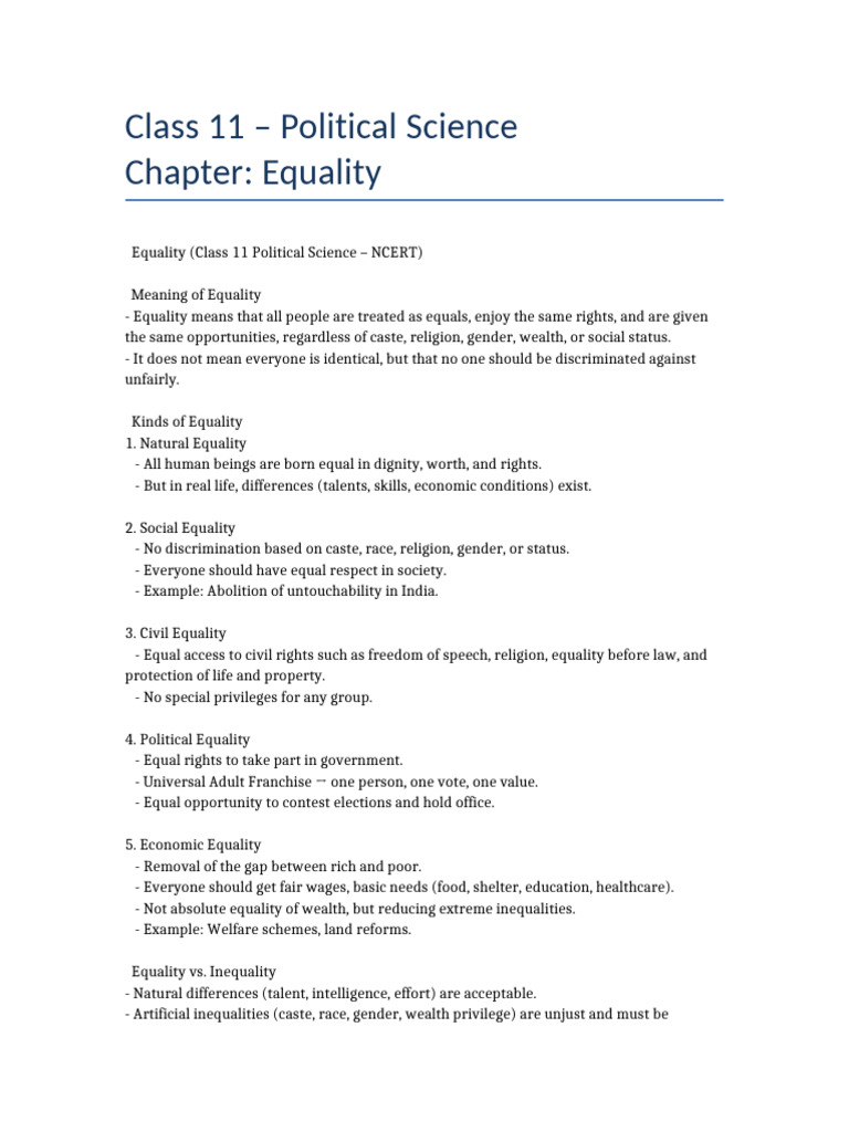 Class 11 Equality Summary | PDF | Social Equality | Economic Inequality