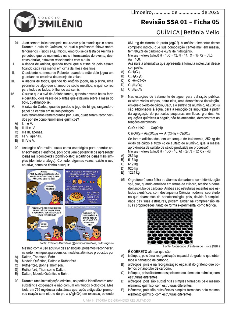Revisão SSA 01 - Ficha 05 | PDF | Tabela periódica | Química