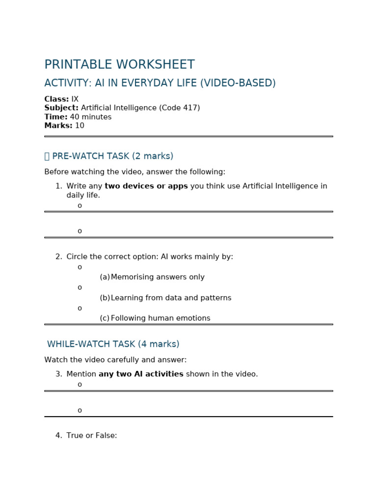 Post-syllabus Lesson Plan – Class Ix Artificial Intelligence (Cbse) | PDF