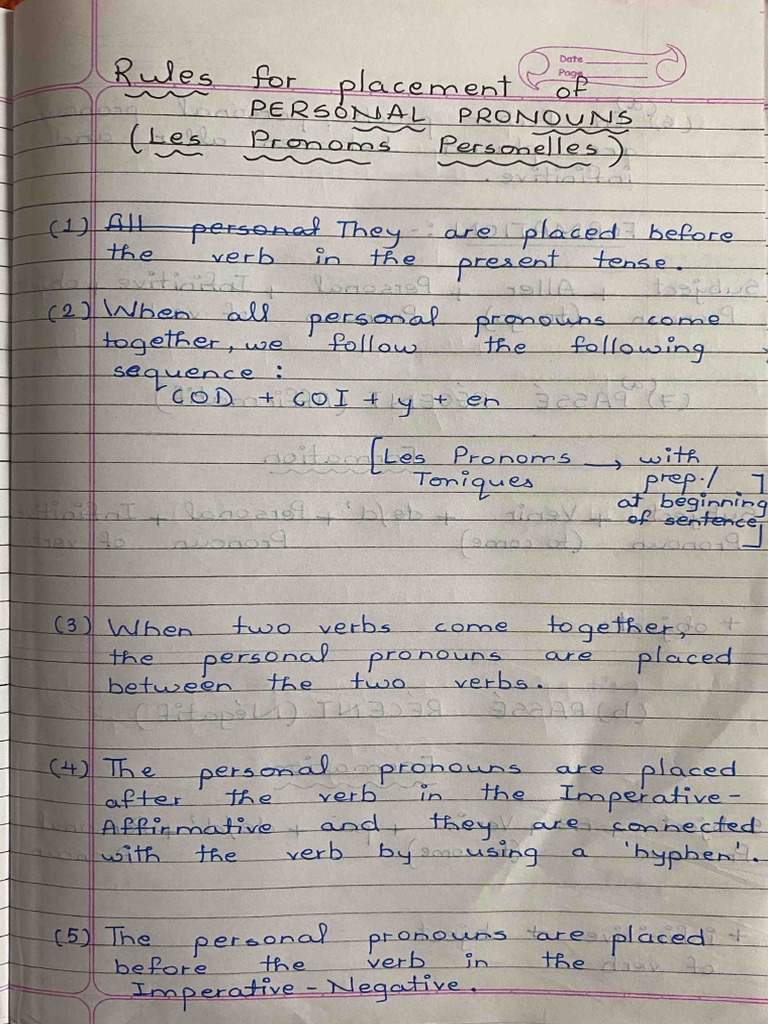 Rules for Placement of Personal Pronouns (French) Class 9 (1) | PDF