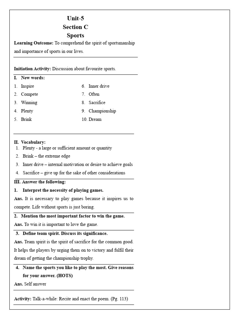 Class 4 Unit 5 Sports | PDF