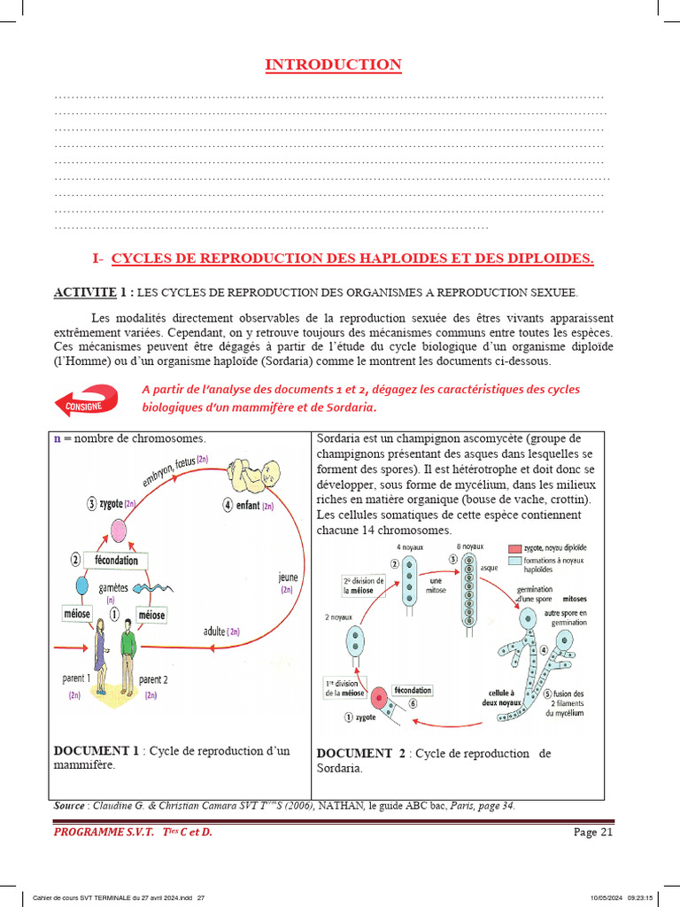 I-Cycles de Reproduction Des Haploides Et Des Diploides.: Activite 1 ...