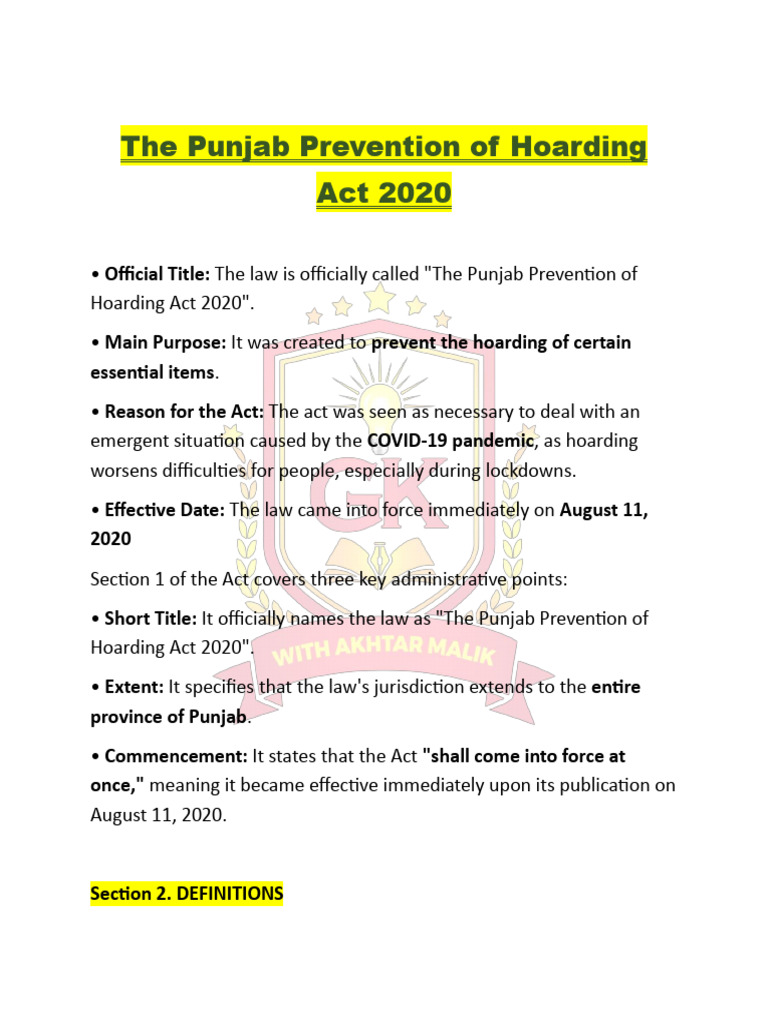 The Punjab Prevention of Hoarding Act 2020 | PDF | Criminal Procedure ...