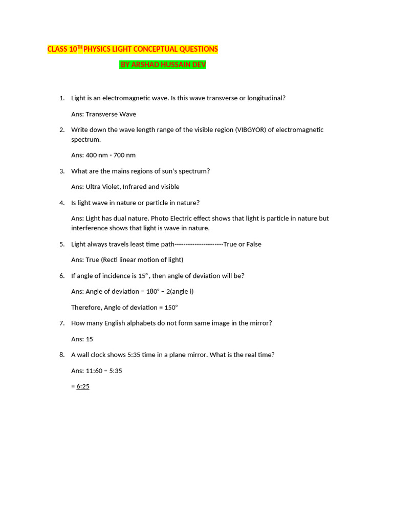 Class 10th Physics Light Conceptual Questions Mss | PDF | Mirror ...