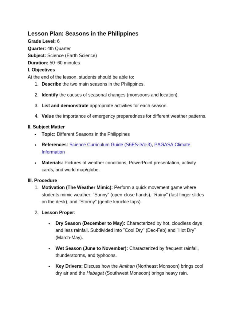 Lesson Planon Different Seasons in the Philippines | PDF | Wet Season ...