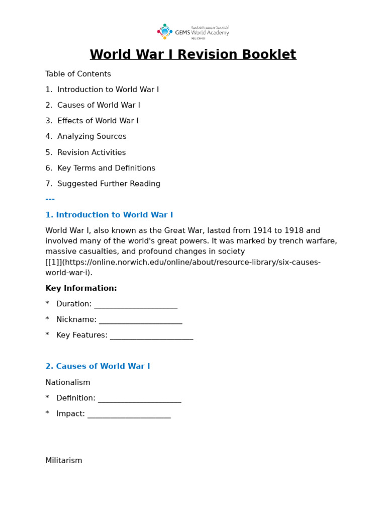 World War I Revision Booklet | PDF | World War I