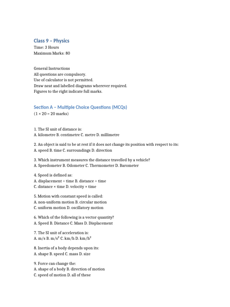 Class 9 Physics Question Paper | PDF | Force | Acceleration
