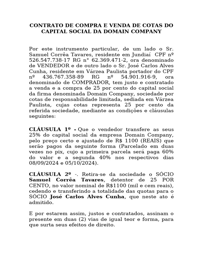 Contrato de Compra e Venda de Cotas Do Capital Social Da Domain Company ...