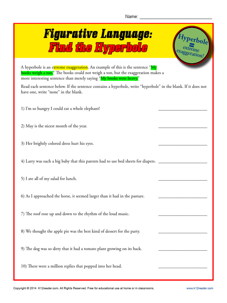 Figurative Language Find the Hyperbole - Copy | PDF