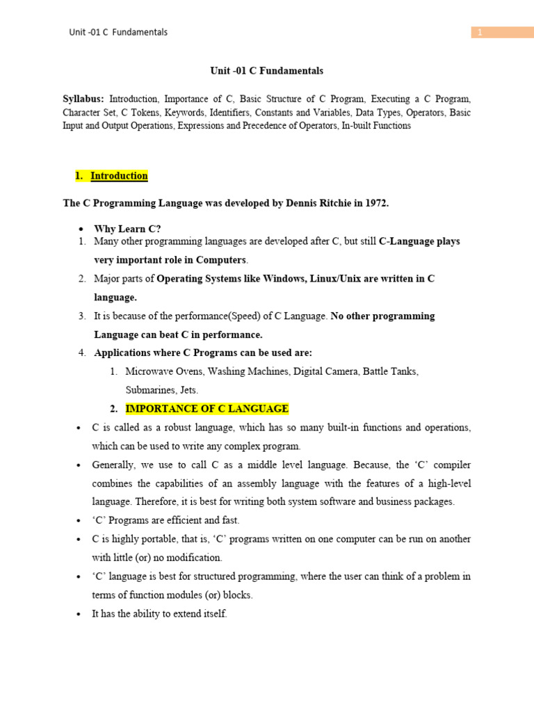 Unit - 01 C Fundamental (Study Material) | PDF | C (Programming ...