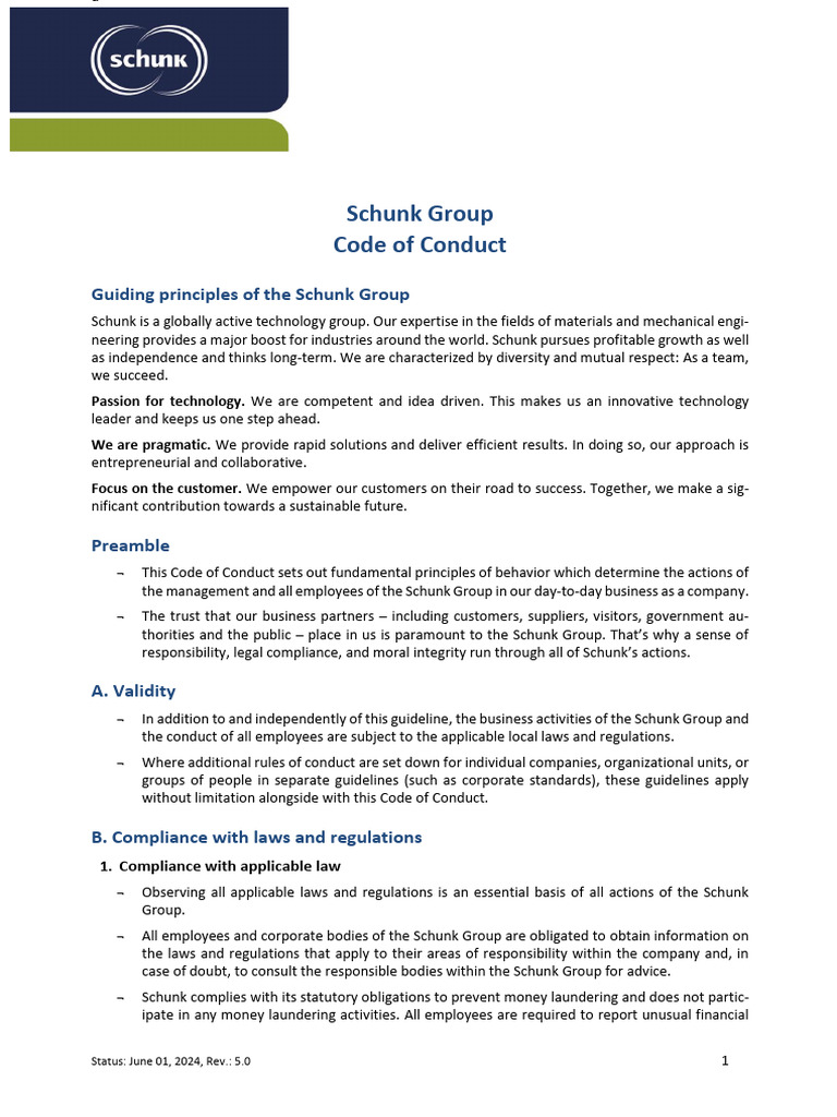 Schunk Group Code of Conduct en | PDF | Occupational Safety And Health ...