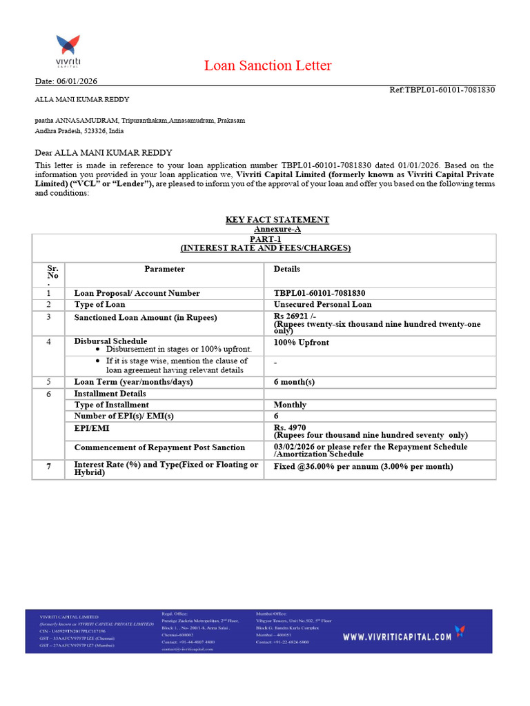 Sanction Letter | PDF | Loans | Annual Percentage Rate