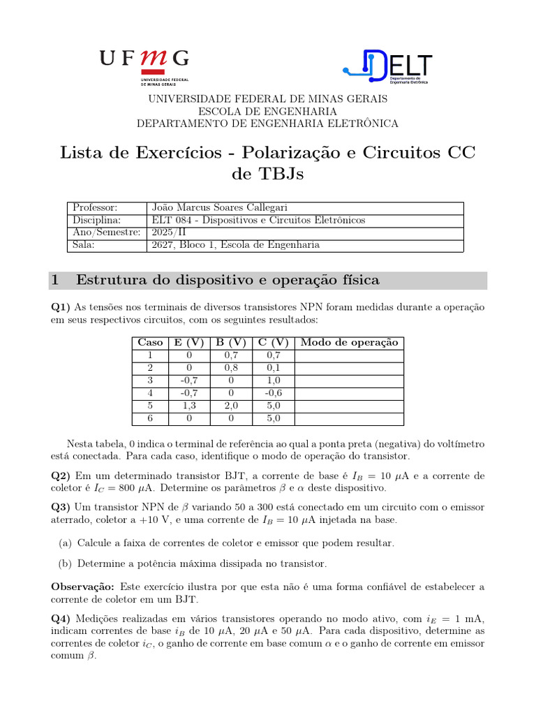 Lista de Exercício ELT 084 Transistor TBJ CC 260205 153724 | PDF | Rede ...