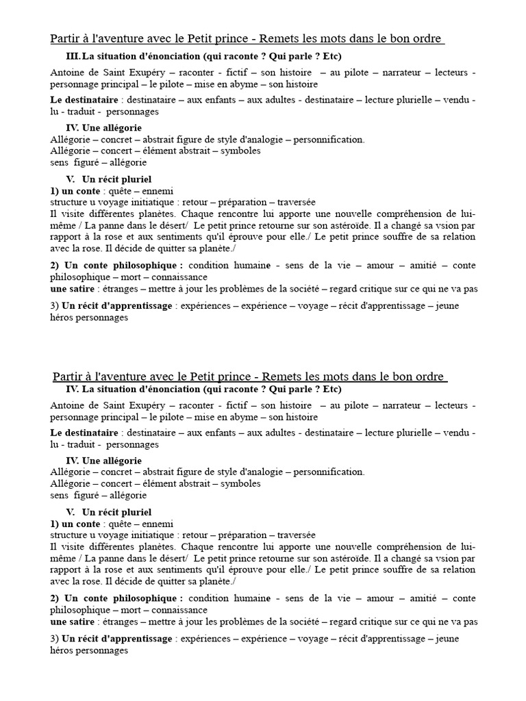 Partir À L'aventure Avec Le PP - Vocabulaire | PDF | Le Petit Prince ...