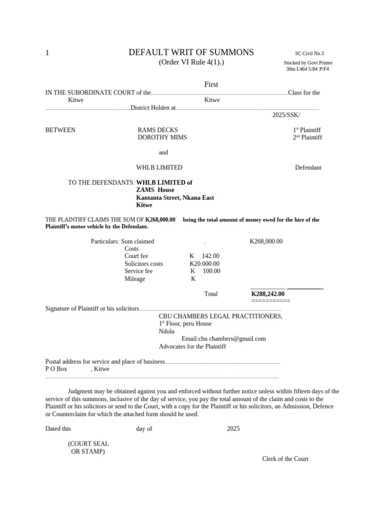 Default Writ of Summons | PDF | Summons | Money Order