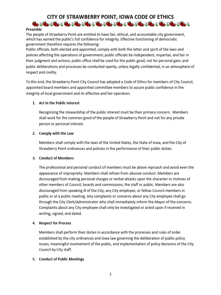 Strawberry Point Code of Ethics | PDF | Conflict Of Interest | Justice