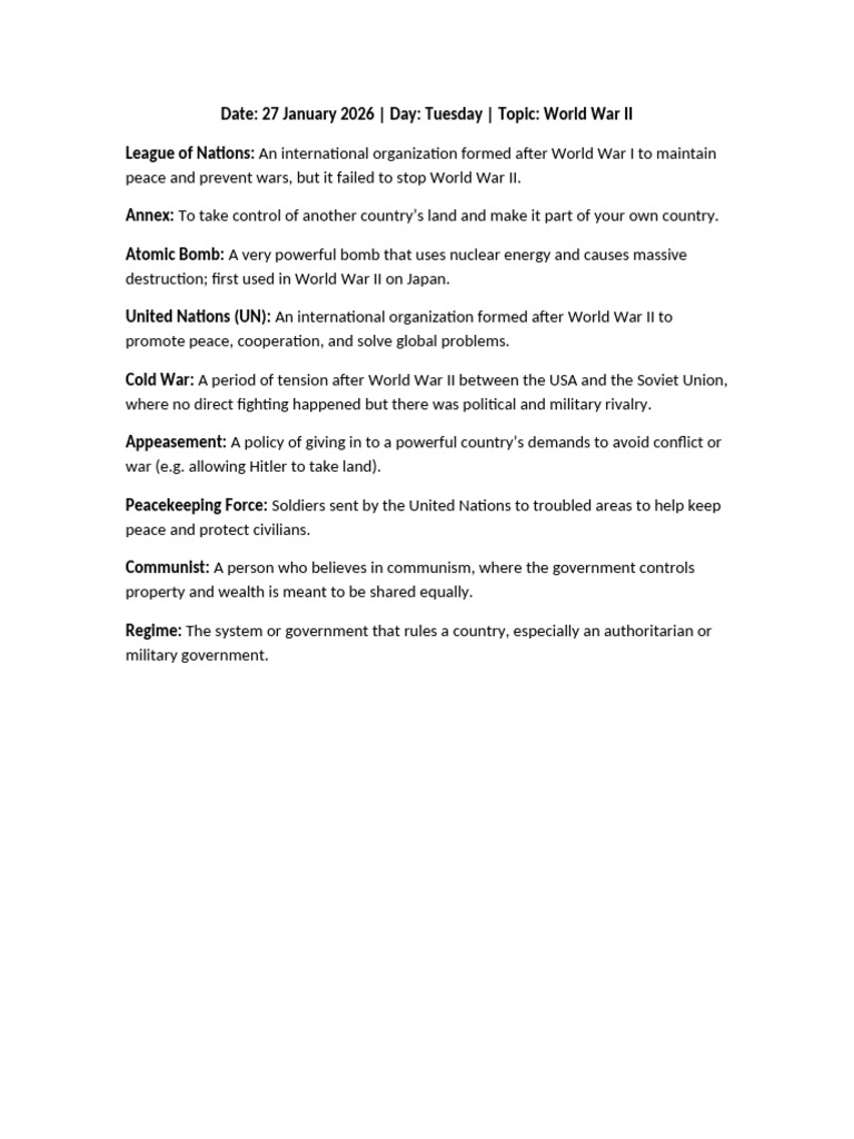 World War II Vocabulary 27 Jan 2026 | PDF