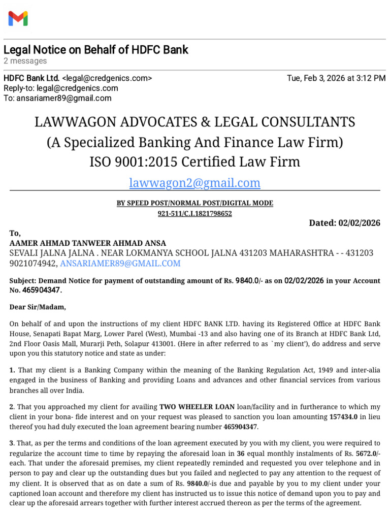 Gmail - Legal Notice on Behalf of HDFC Bank | PDF