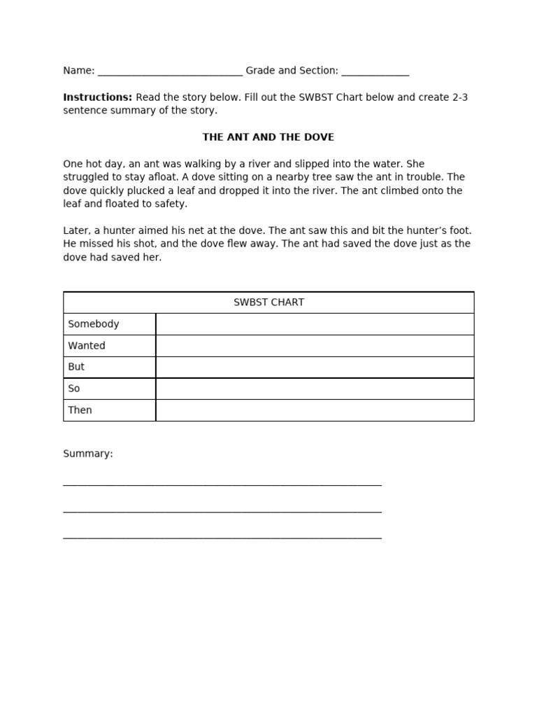 (Summarizing Story Events) The Ant and The Dove | PDF