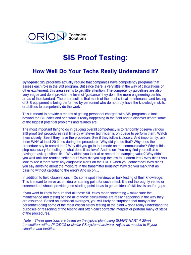 SIS Proof Testing - Sample Competency Questions | PDF