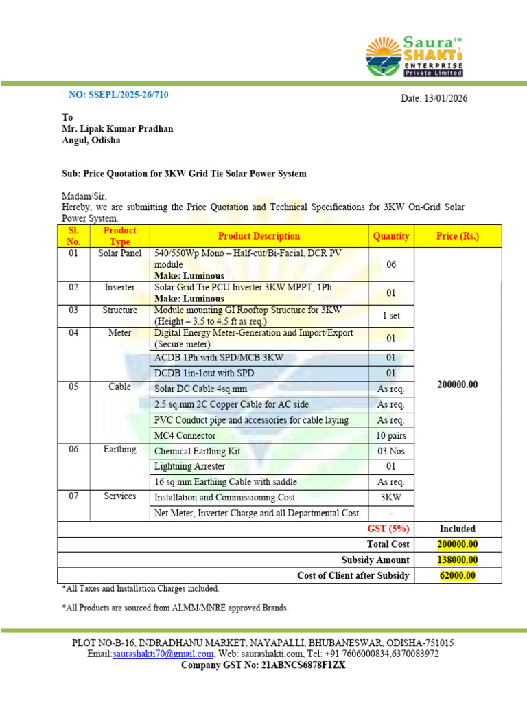 710 Lipak Kumar Pradhan, 3KW on-Grid Solar Power System | PDF ...