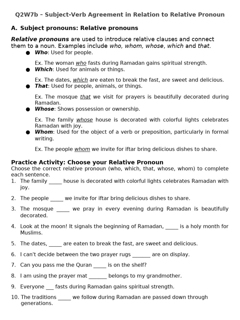 Q2W7 Activity Sheets - Subject-Verb Agreement in Relation to Possessive ...