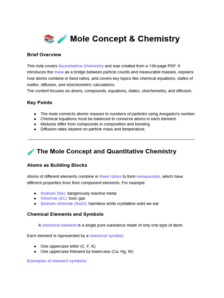Mole Concept & Chemistry | PDF | Mole (Unit) | Gases