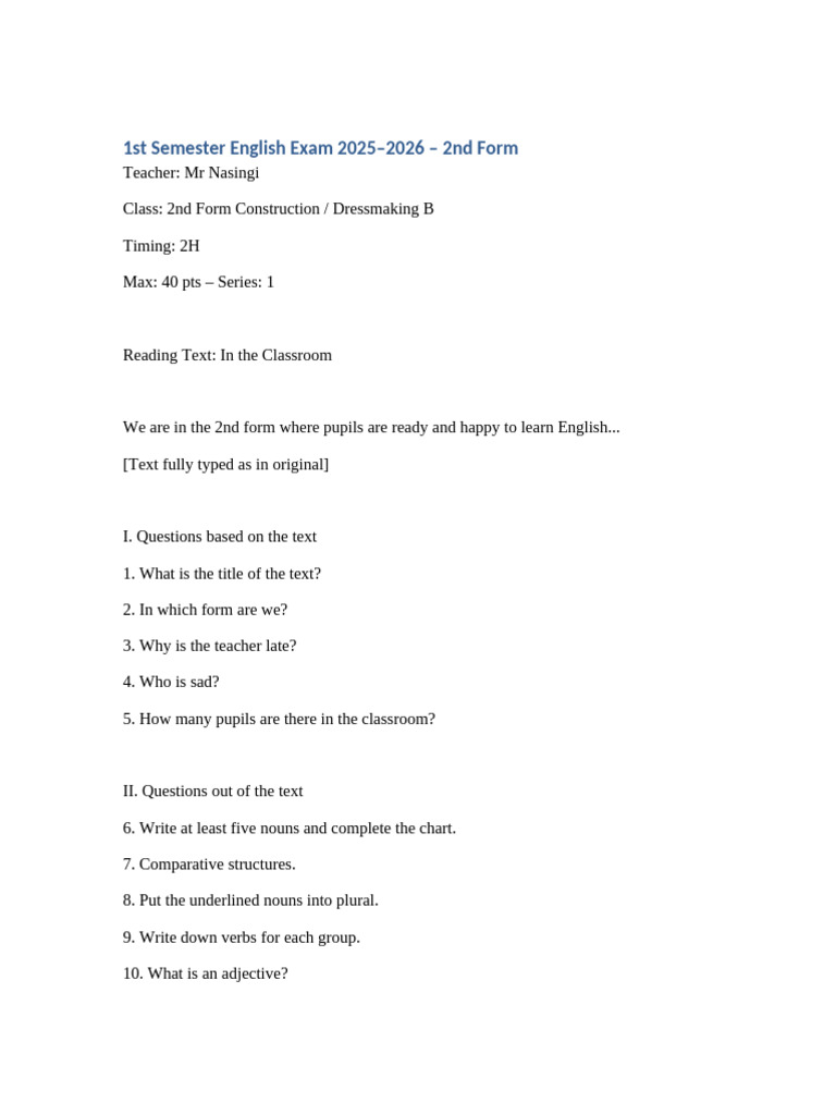 2nd Form English Exam | PDF