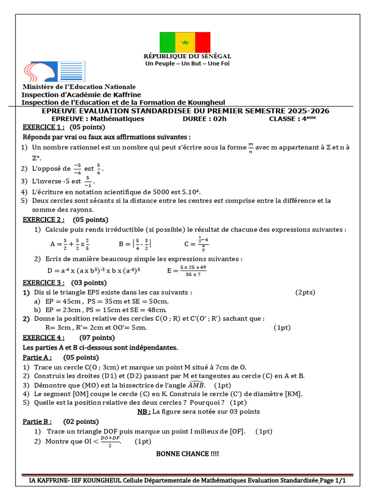 Épreuve de Maths 4ème 2025 2026 | PDF | Géométrie euclidienne ...