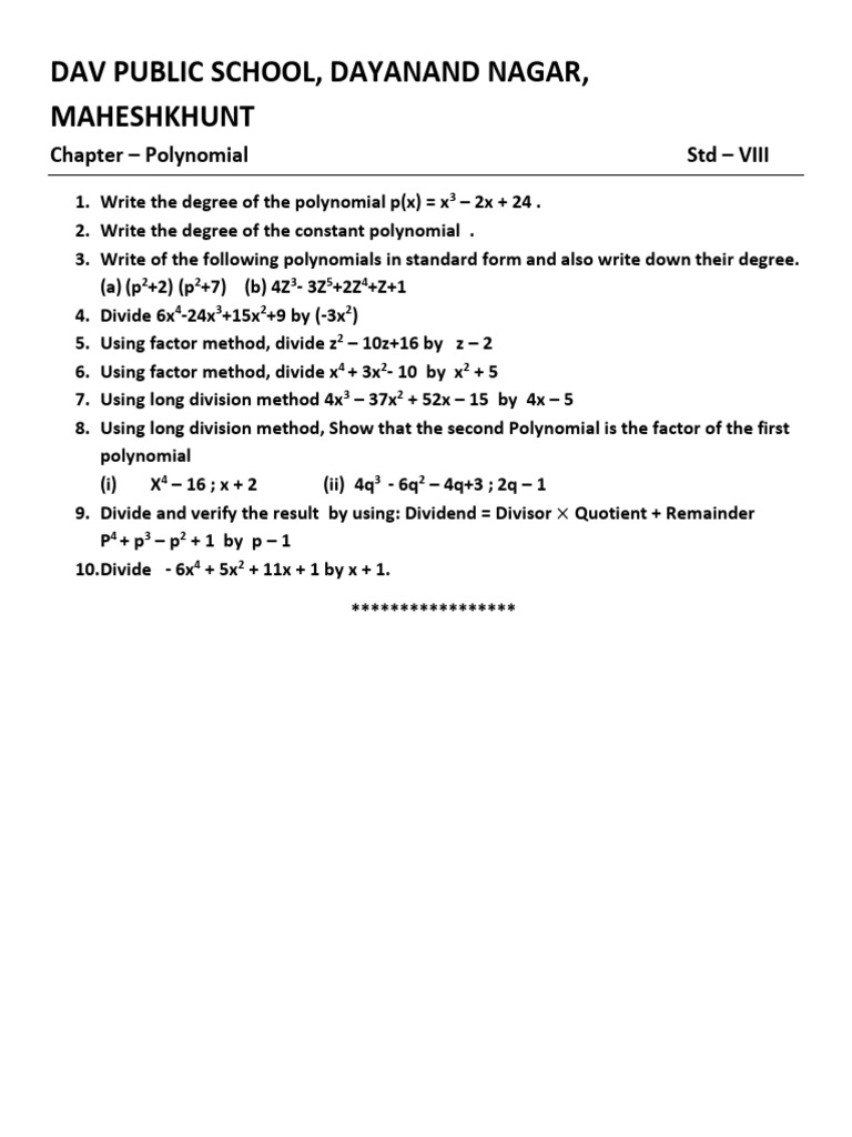 Polynomial for Class 8 | PDF