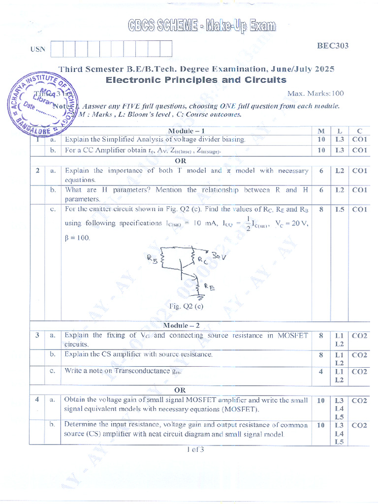 Electronic Principles and Circuits-BEC303-Jun-July 2025 Makeup Exams | PDF