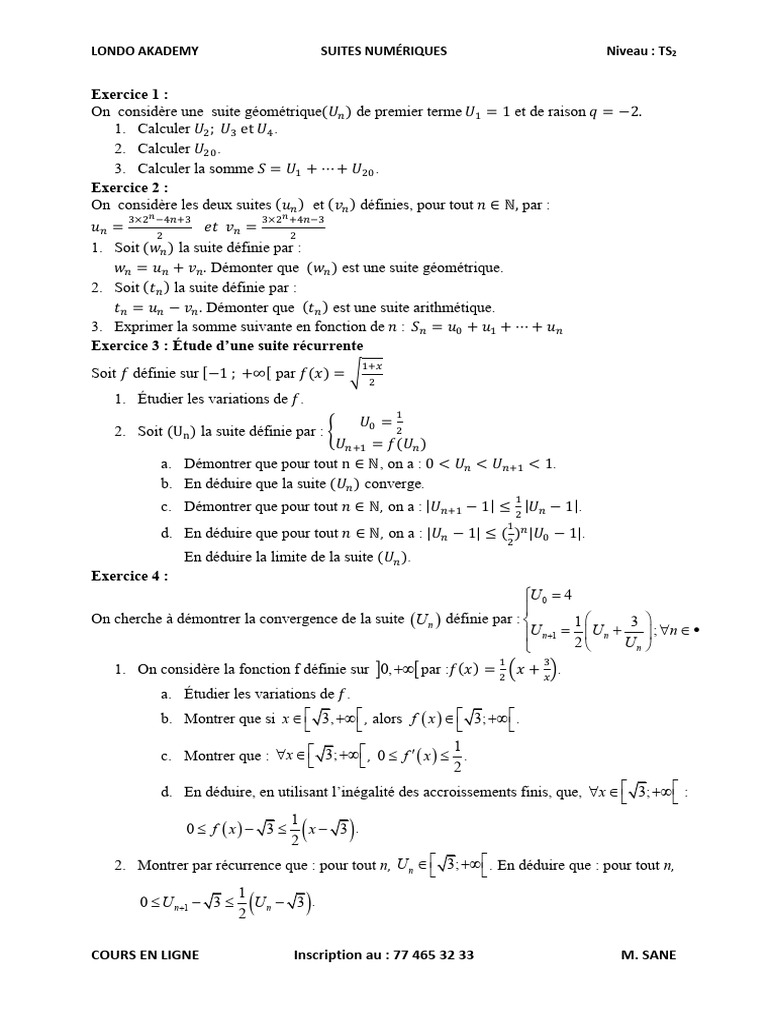 Série SUITES NUMÉRIQUES TS2 | PDF | Mathématiques | Analyse mathématique