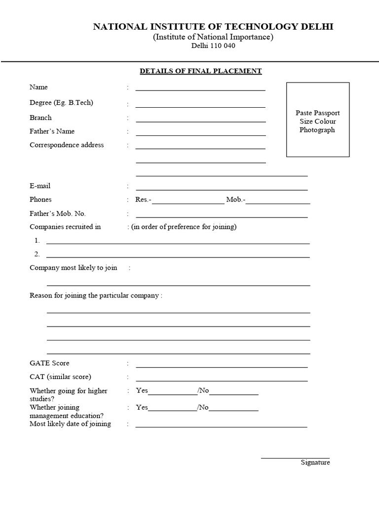 Final Placement Form | PDF