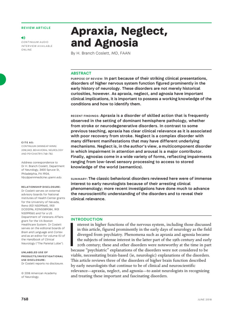 Apraxia, Neglect, and Agnosia.8 | PDF | Parietal Lobe | Corpus Callosum