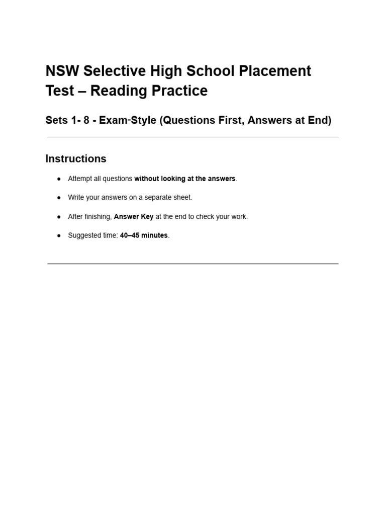 NSW Selective High School Placement Test - Reading Practice | PDF ...