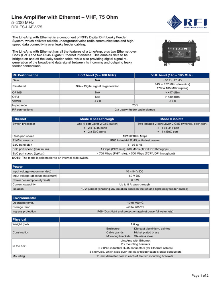 DDLFS-LAE-V75 Specification Sheet | PDF | Coaxial Cable | Electricity