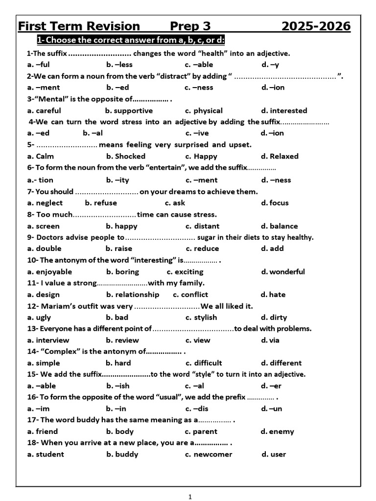 Prep 3 - First Term Revision 2026-Print | PDF | Adjective