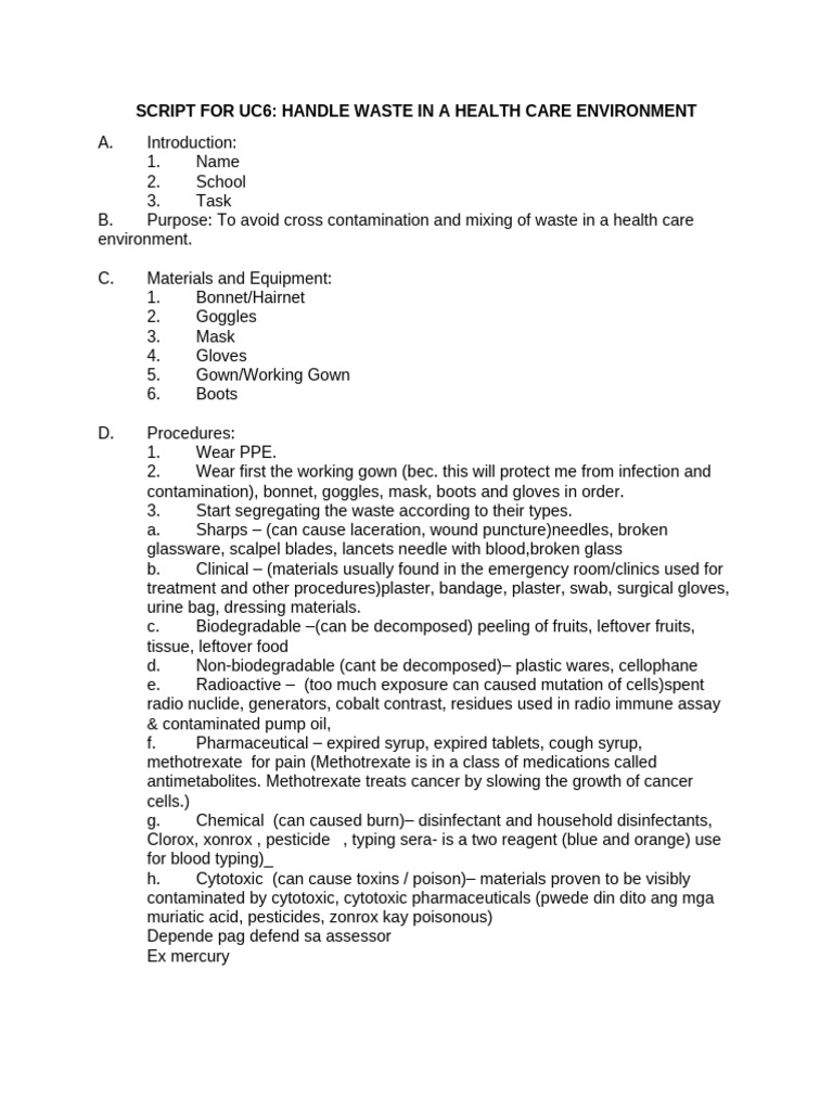 Script for Uc6 Handle Waste in Health Care Environment | PDF ...