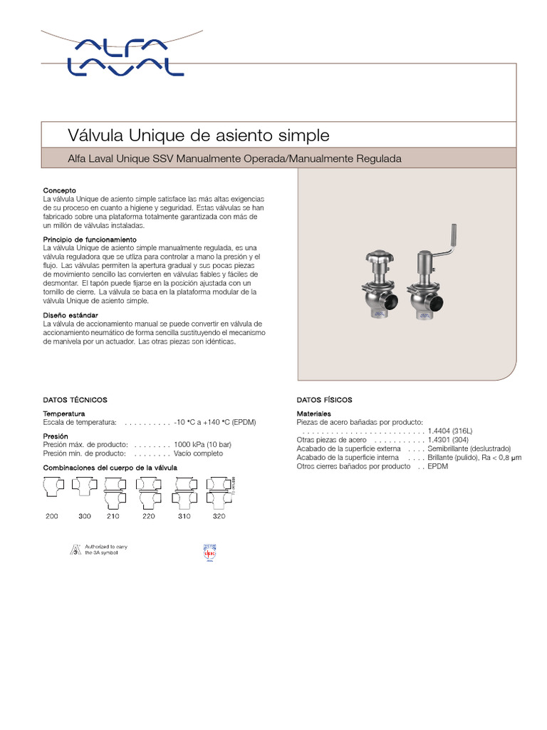 Alfa Laval Unique Ssv Manualmente Operadamanualmente Regulada Folleto ...