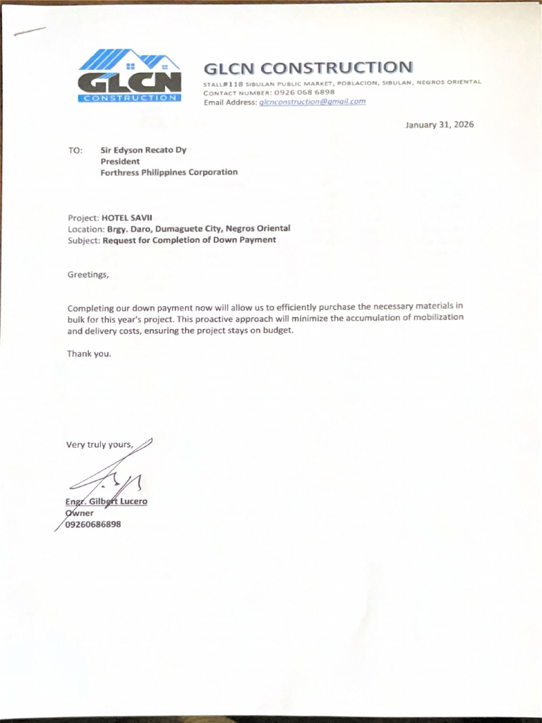 Letter Request for Completion of Down Payment | PDF