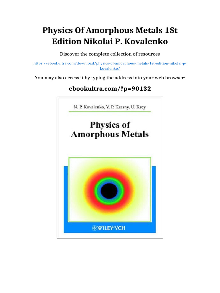 Physics of Amorphous Metals 1st Edition Nikolai P. Kovalenko Ready to ...