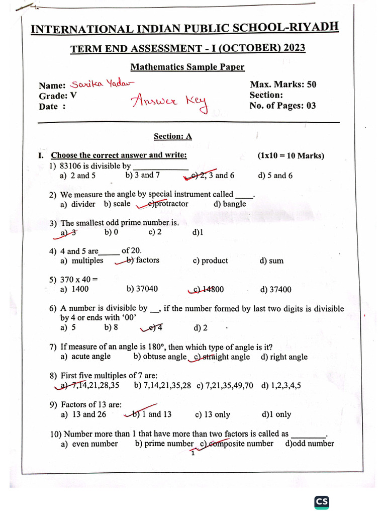 Answer Key Sample Paper | PDF