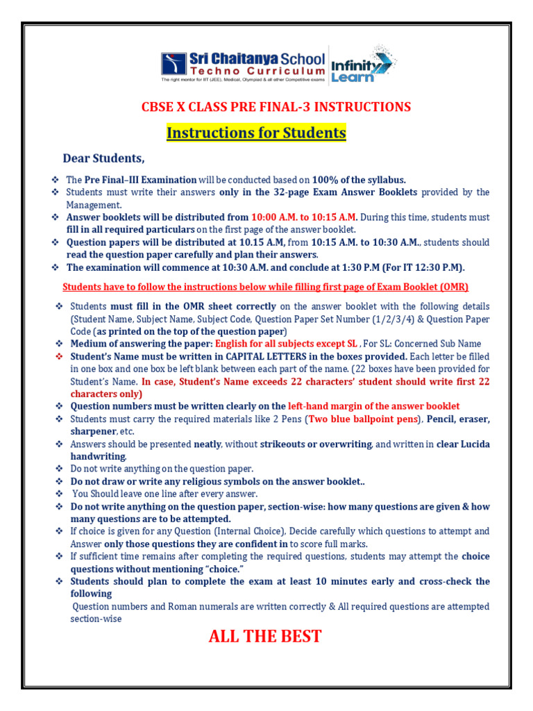 CBSE X Class Pre Final-3 Examination Instructions_260130_001522 | PDF