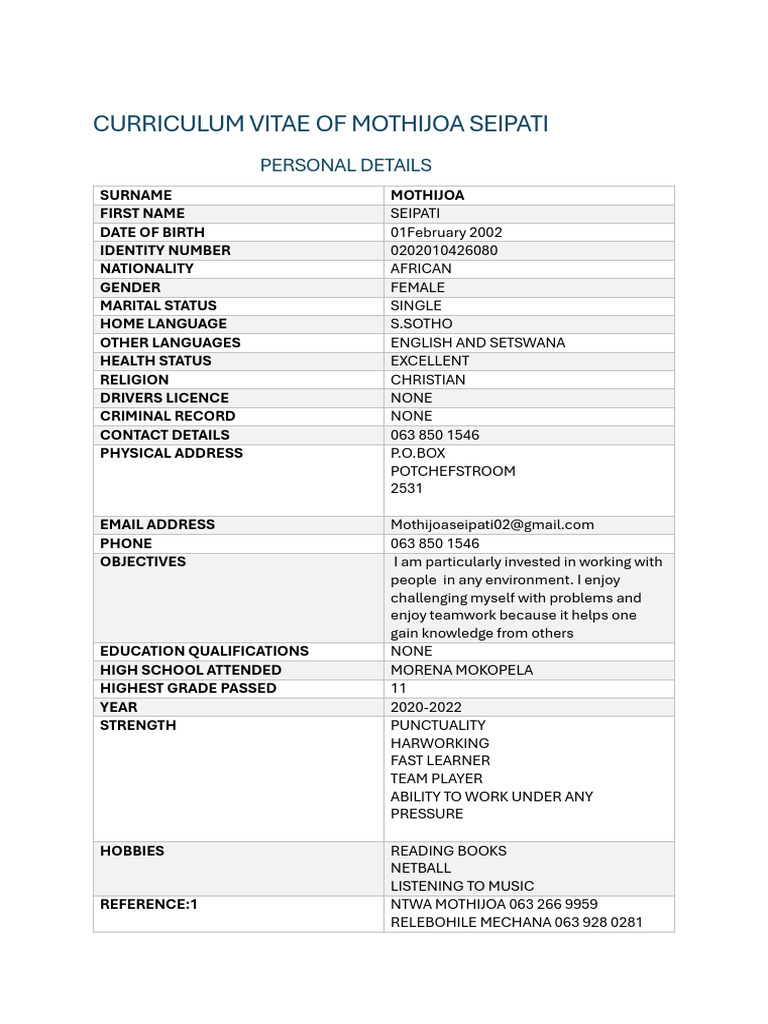 Curriculum Vitae of Mothijoa Seipati 1 | PDF