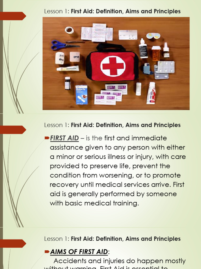 Lesson 1 First Aid Definition, Aims and Principles | PDF | First Aid ...