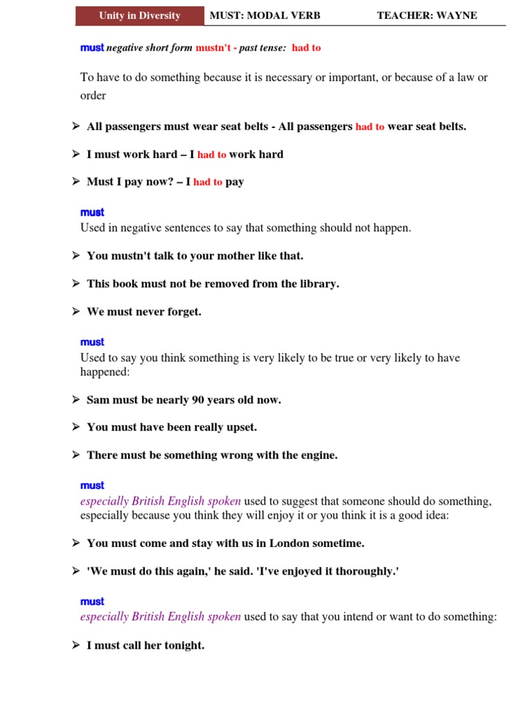 Must Modal Verb Usage and Exercises | PDF | Language Arts & Discipline