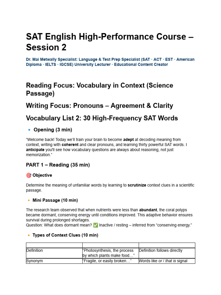 SAT English High-Performance Course - Session 2 (3... | PDF | Pronoun ...