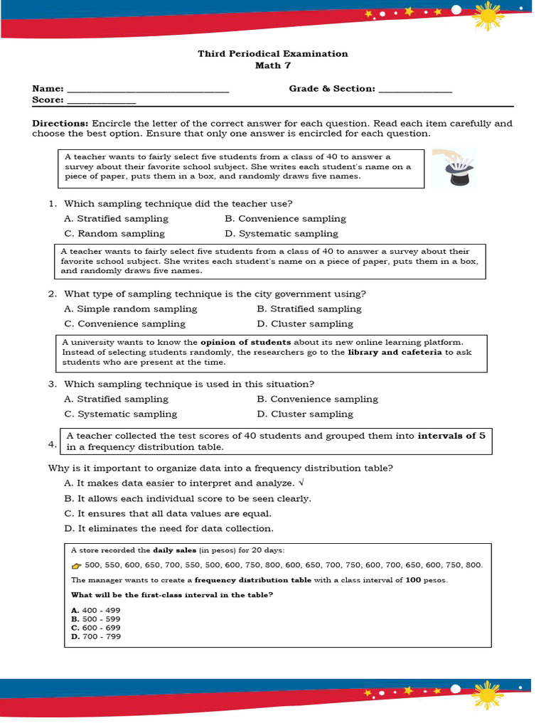 Math 7 Q3 Periodical Test | PDF | Sampling (Statistics) | Numbers