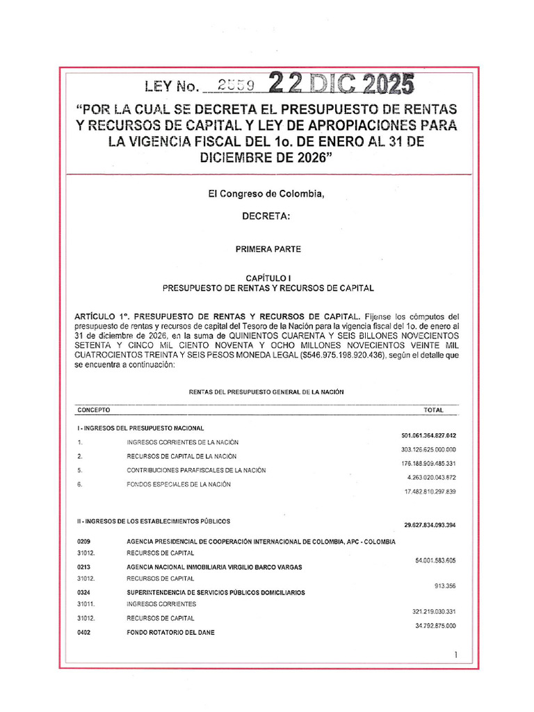 Ley 2559 Del 22 de Diciembre de 2025 | PDF