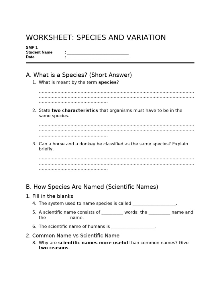 Worksheet - Species and Variation | PDF